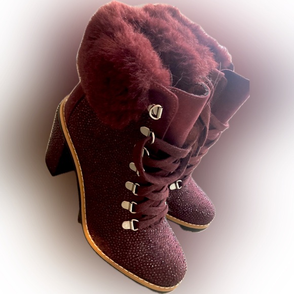 Shoes | Burgundy Bedazzled Heeled Boots W Fur | Poshmark